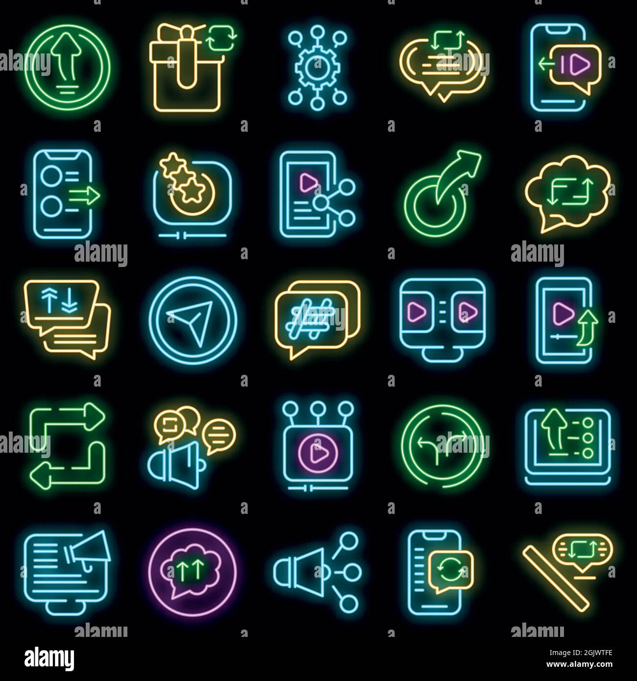Repost icons set. Outline set of repost vector icons neon color on ...