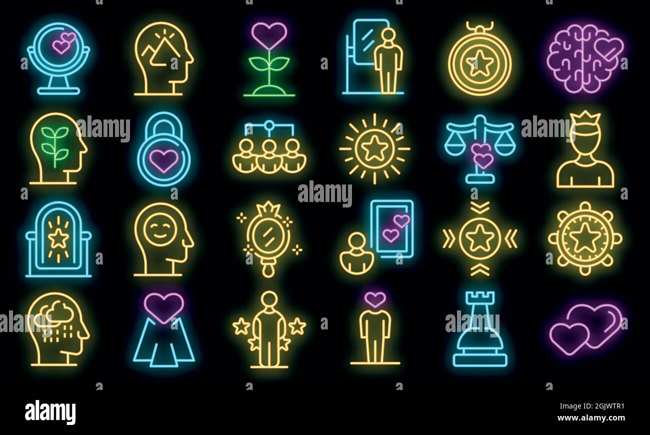Self-esteem icons set. Outline set of self-esteem vector icons neon ...