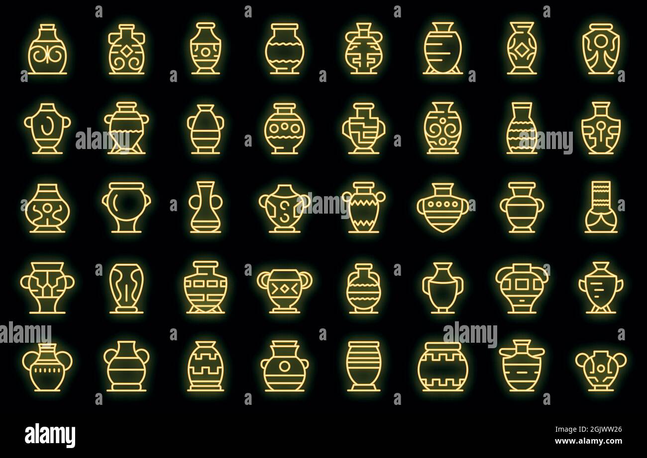 Amphora icons set. Outline set of amphora vector icons neon color on ...