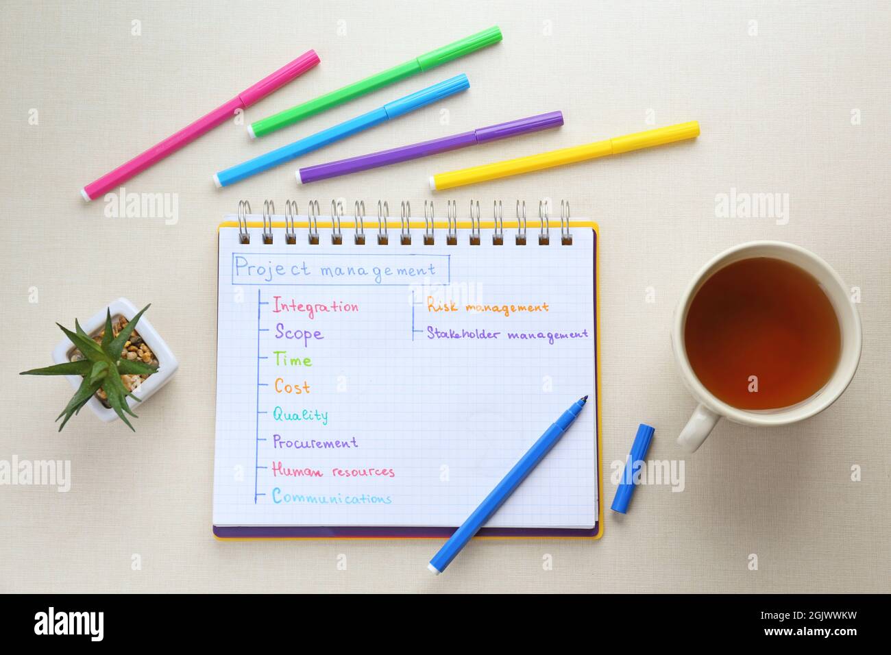 Notebook with written features of PROJECT MANAGEMENT on light ...