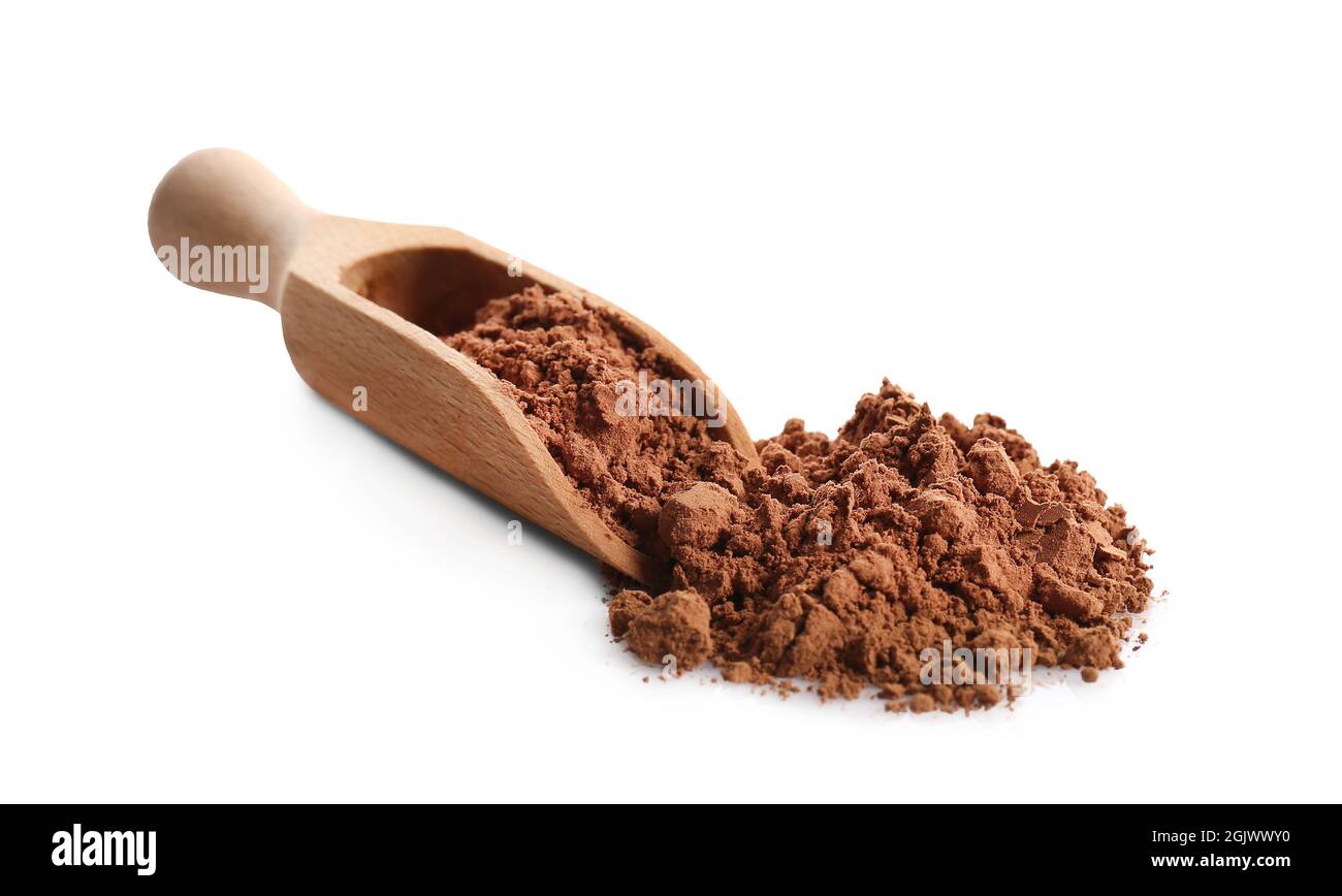 Heap of cocoa powder and wooden scoop on white background Stock Photo ...