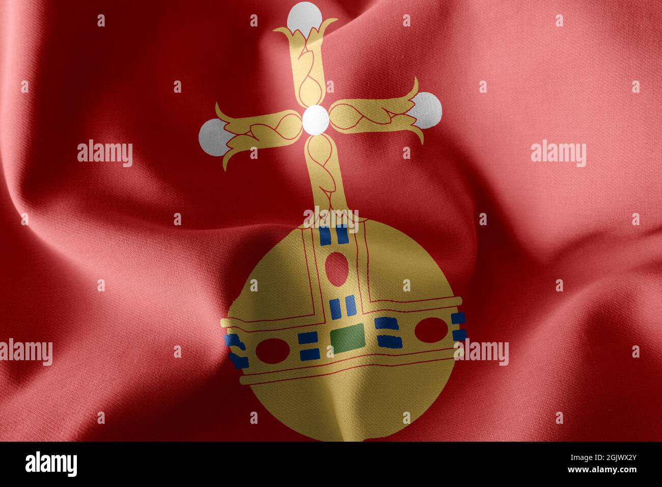 3D illustration flag of Uppsala is a region of Sweden. Waving on the ...
