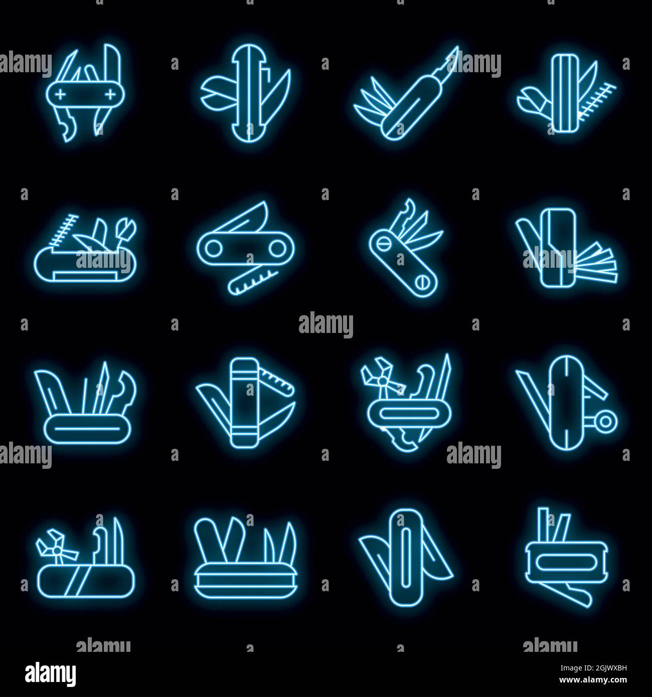 Multitool icons set. Outline set of multitool vector icons neon color on black Stock Vector ...