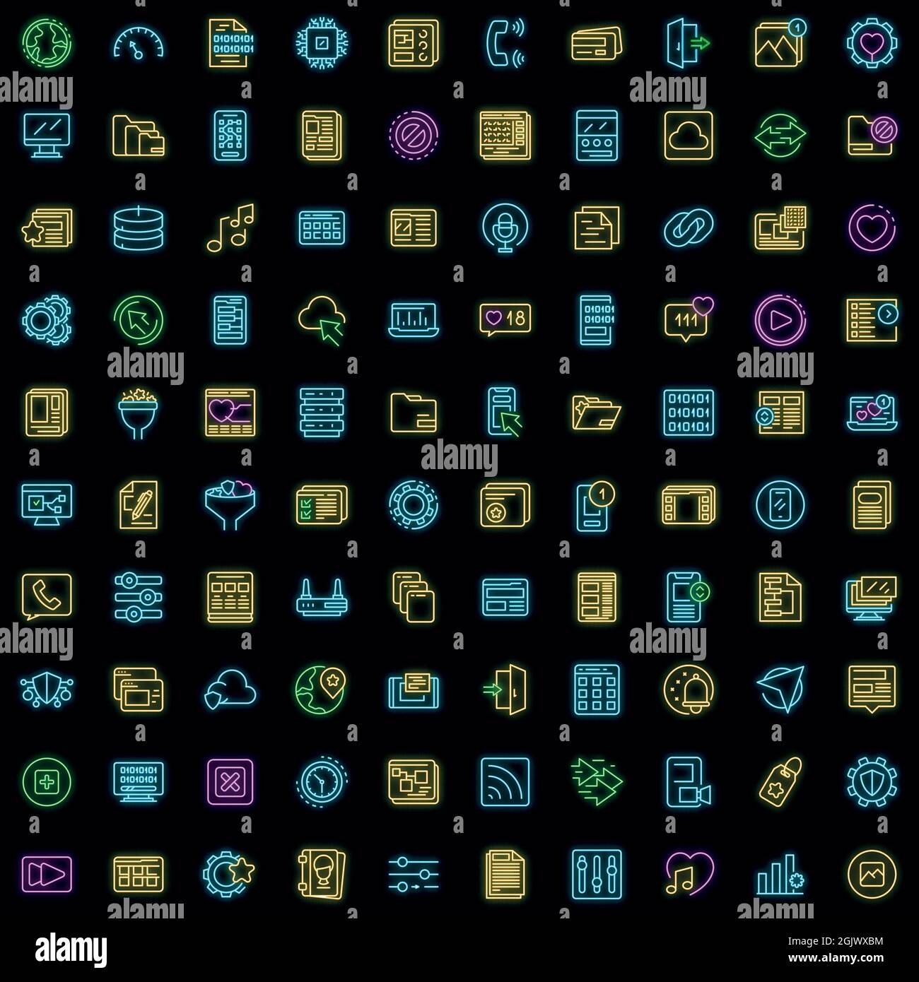 Interface icons set. Outline set of interface vector icons neon color ...