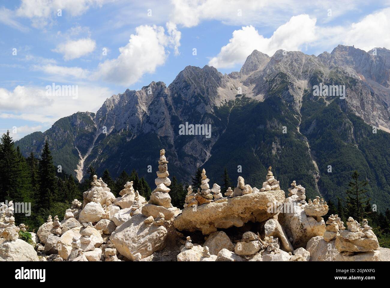 Slovenia, the wild Trenta valley. Vrsic pass, stone cairns Stock Photo ...