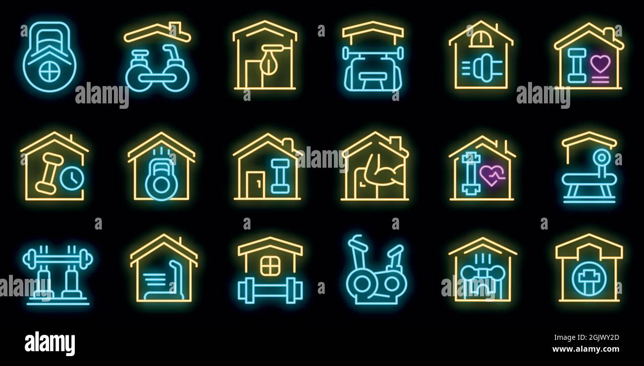 Home gym icons set. Outline set of home gym vector icons neon color on ...
