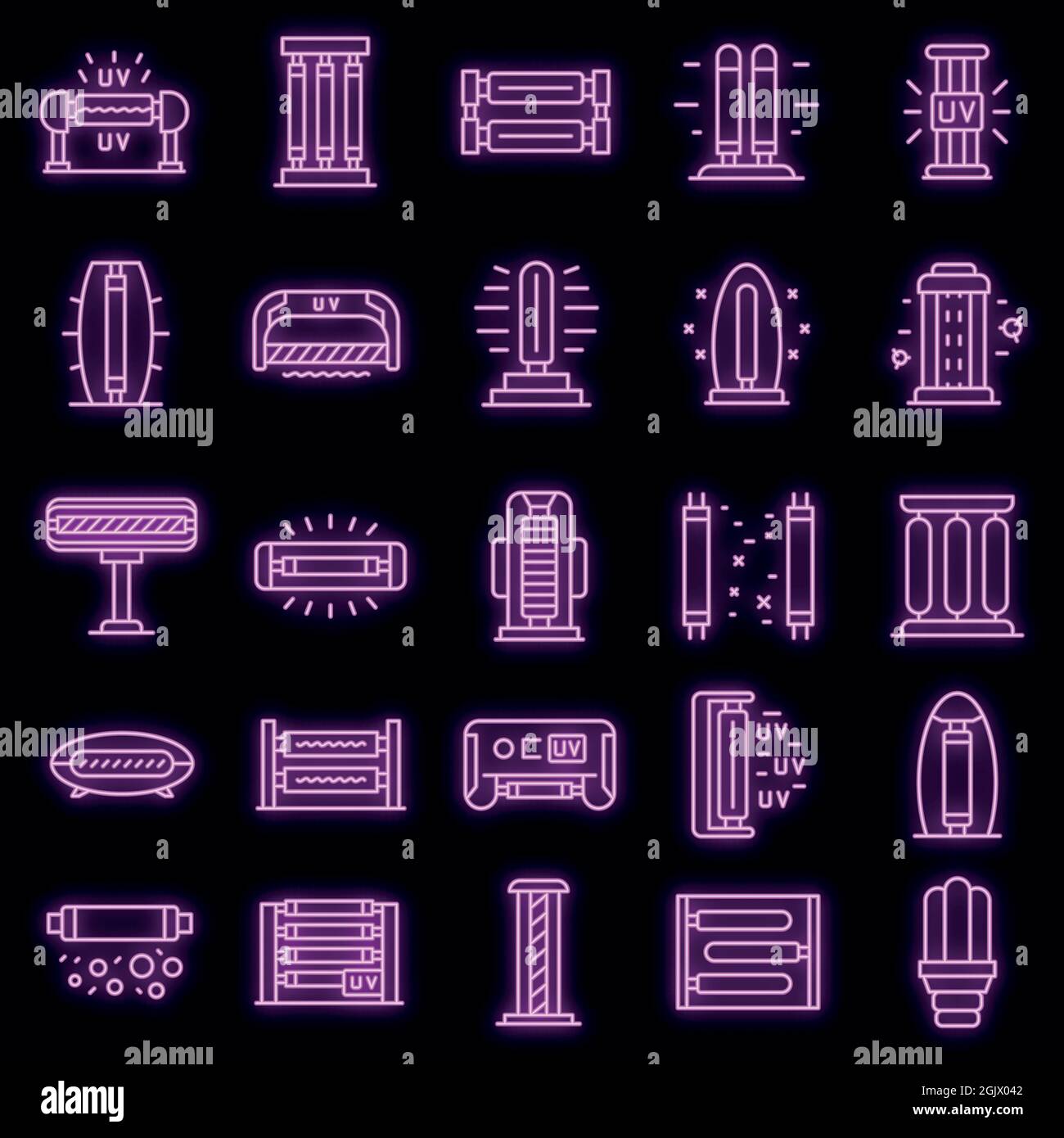 UV lamp icons set. Outline set of UV lamp vector icons neon color on ...