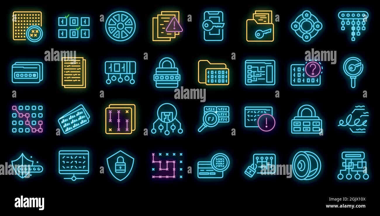 Cipher icons set. Outline set of cipher vector icons neon color on ...