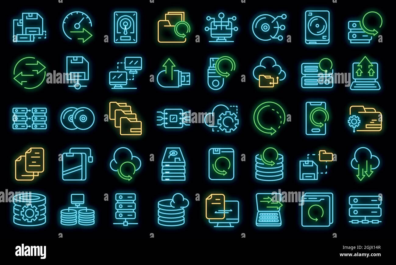 Backups icons set. Outline set of backups vector icons neon color on ...