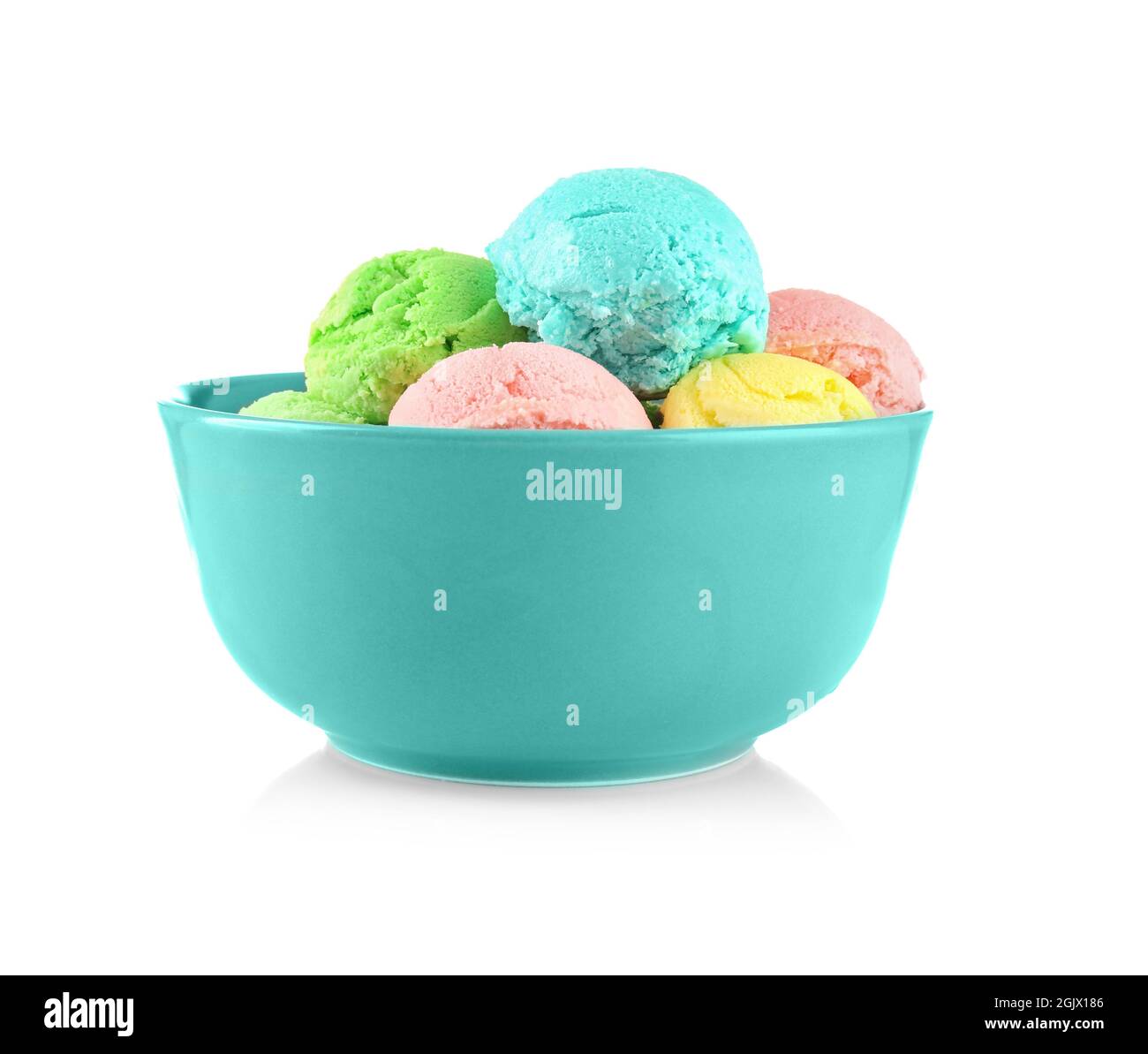 Bowl with colorful ice cream balls on white background Stock Photo - Alamy