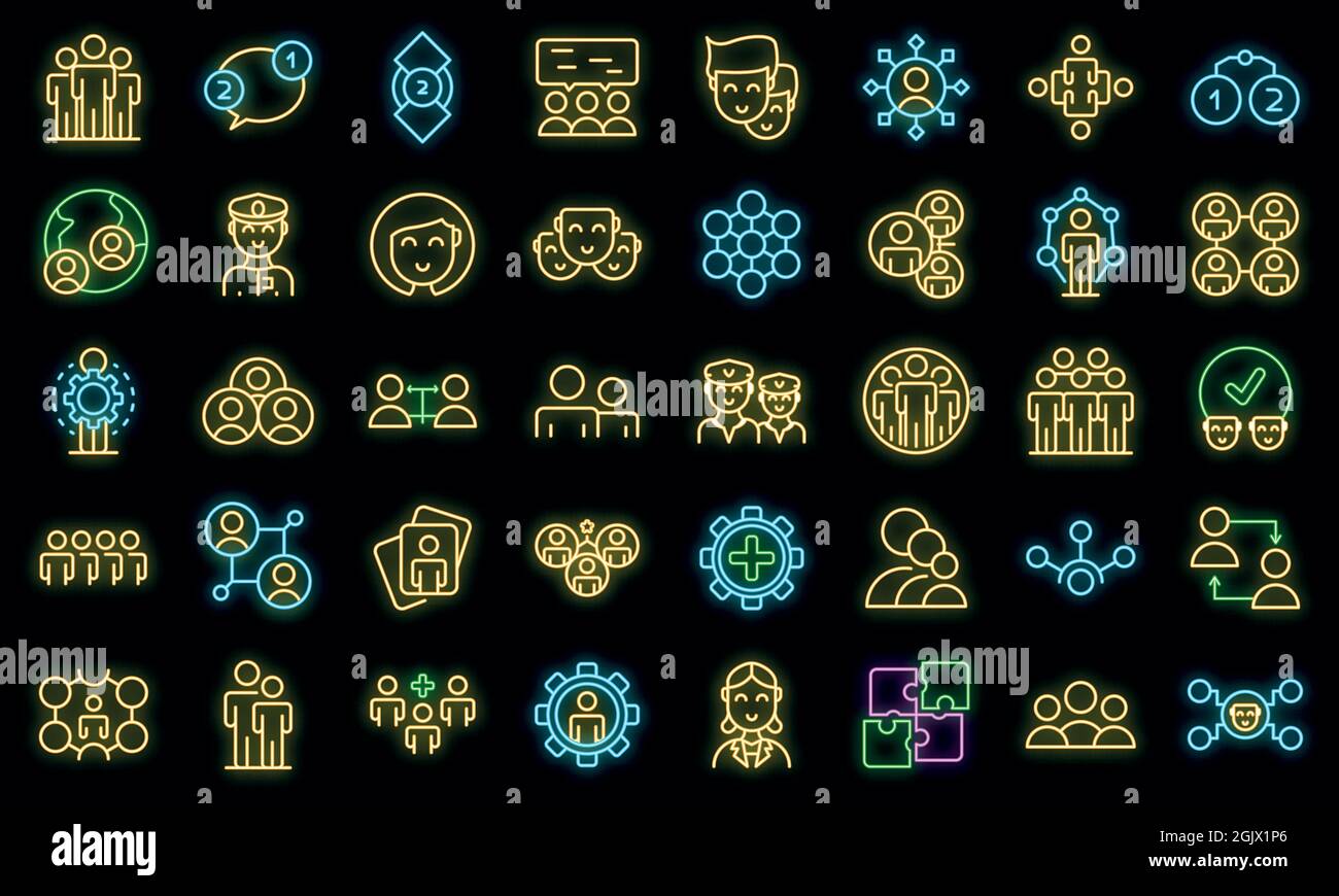 Crew icons set. Outline set of crew vector icons neon color on black ...
