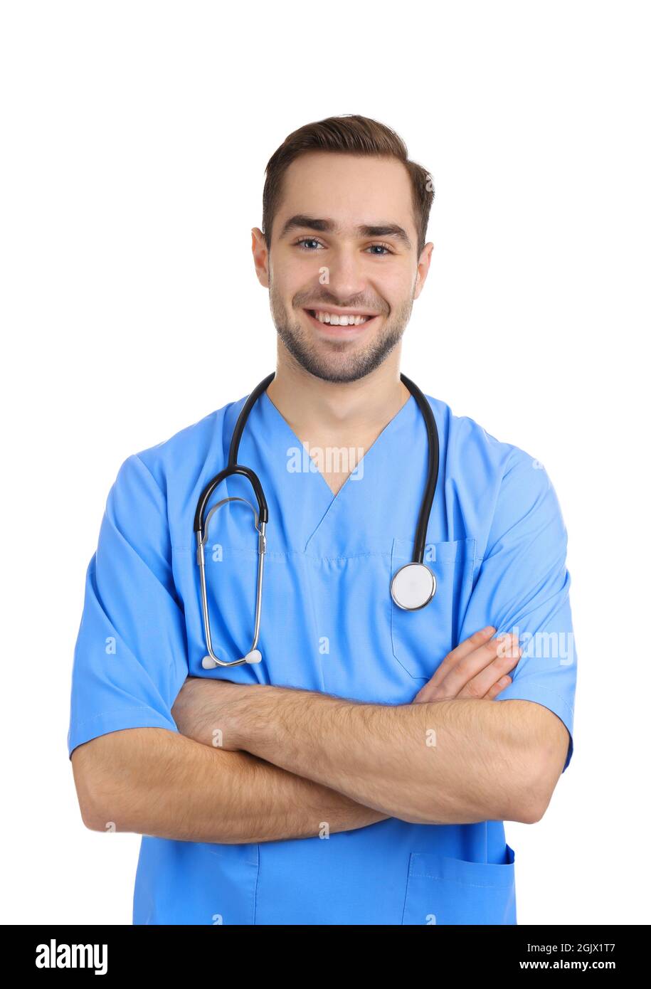 Handsome young medical assistant on white background Stock Photo - Alamy