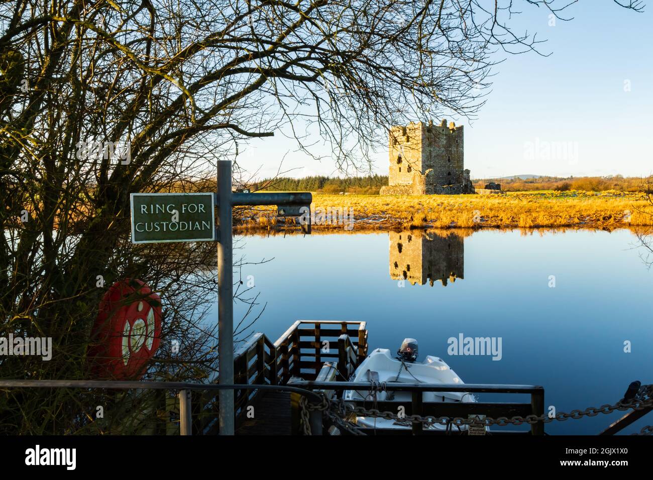 Ring for the custodian sign at the Threave Castle ferry crossing on the ...