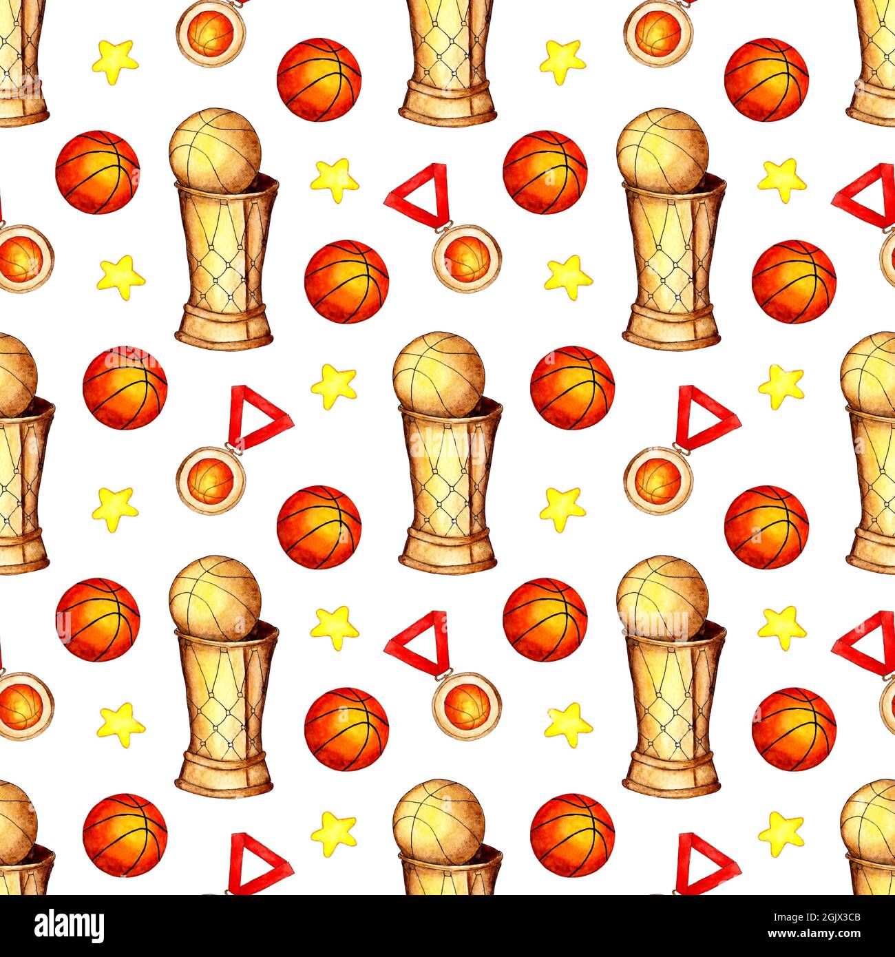 Watercolor illustration pattern of basketball ball, cup, medal and ...