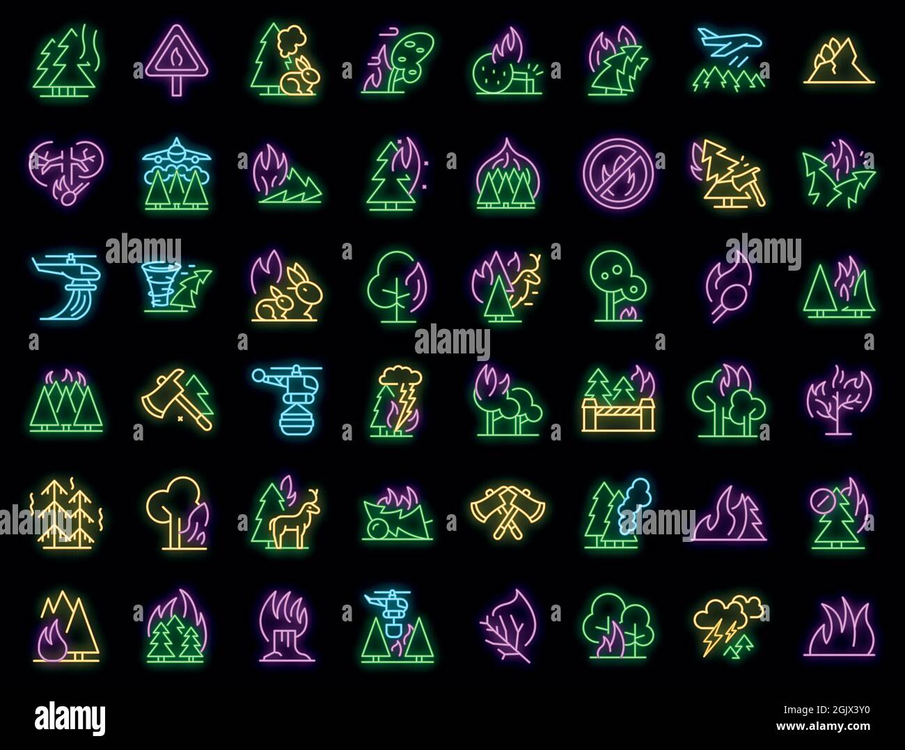 Burning forest icons set. Outline set of burning forest vector icons ...