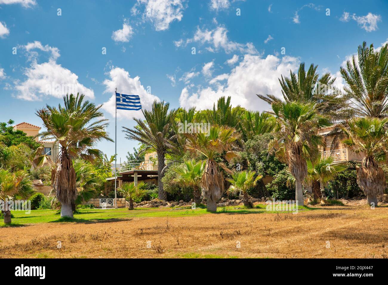 Landscape with typical Cypriot residential architecture and Greek ...