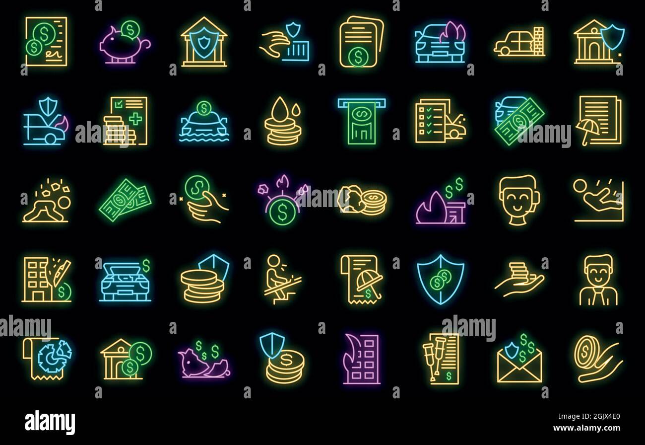 Compensation icons set. Outline set of compensation vector icons neon ...