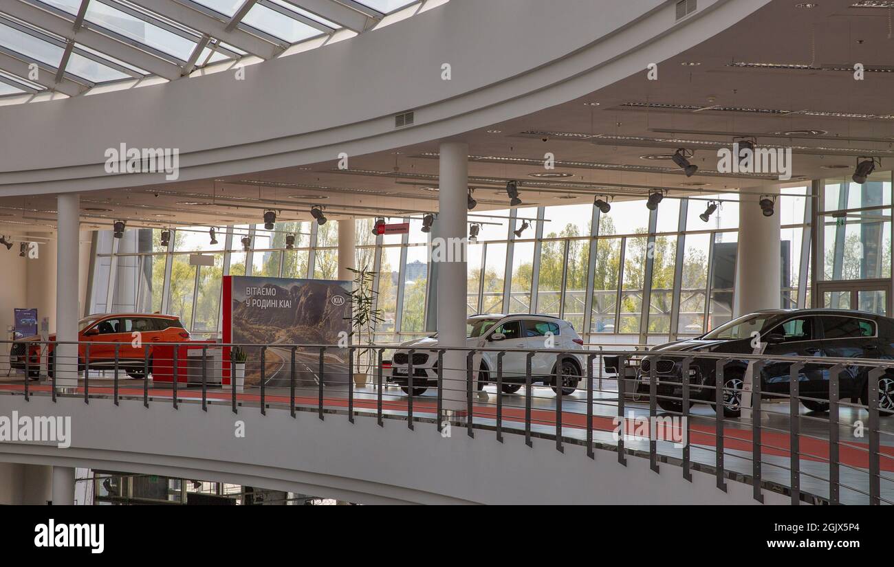 KYIV, UKRAINE - MAY 10, 2021: New cars indoors on display in KIA Center ...