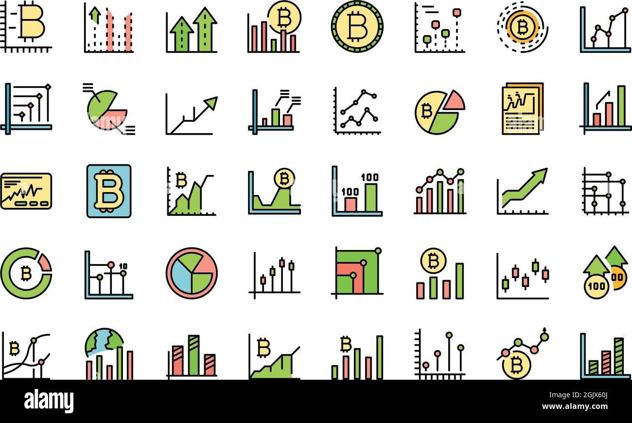 Bitcoin chart icons set. Outline set of bitcoin chart vector icons thin ...