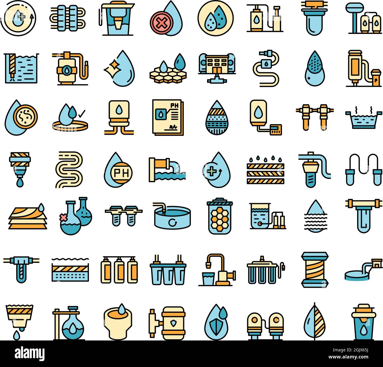 Equipment for water purification icons set. Outline set of equipment ...