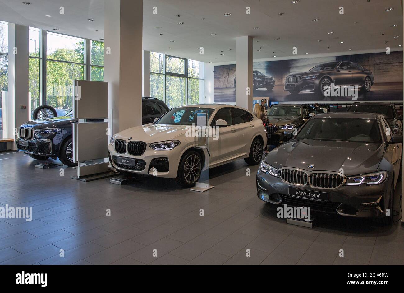 KYIV, UKRAINE - MAY 10, 2021: New modern BMW cars on display in BMW AWT ...