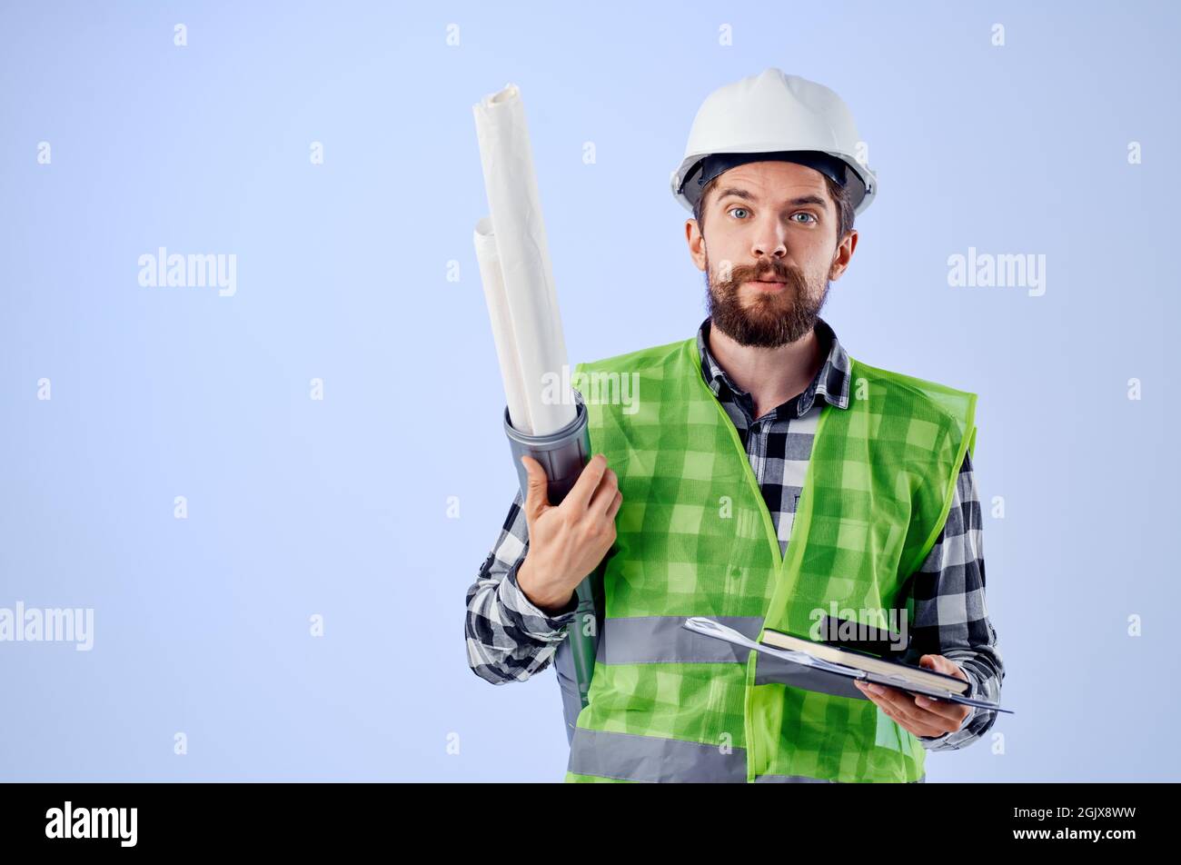 engineer with documents and drawings blueprints studio industry Stock ...