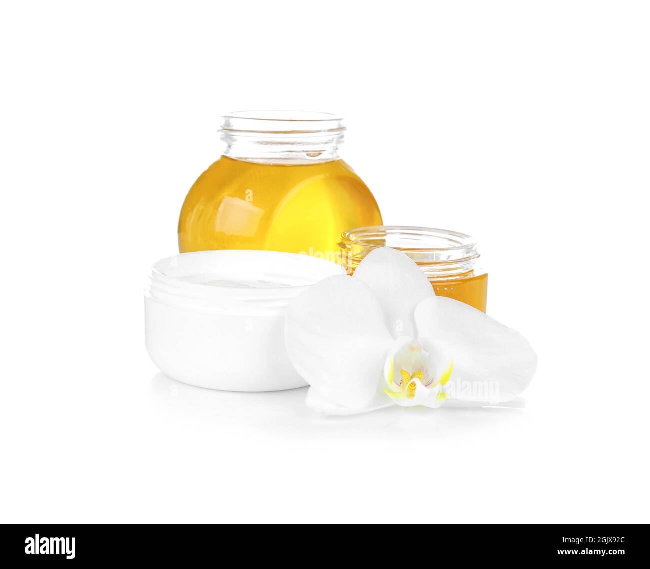 Nutrient cosmetic and delicious honey for spa on white background Stock ...