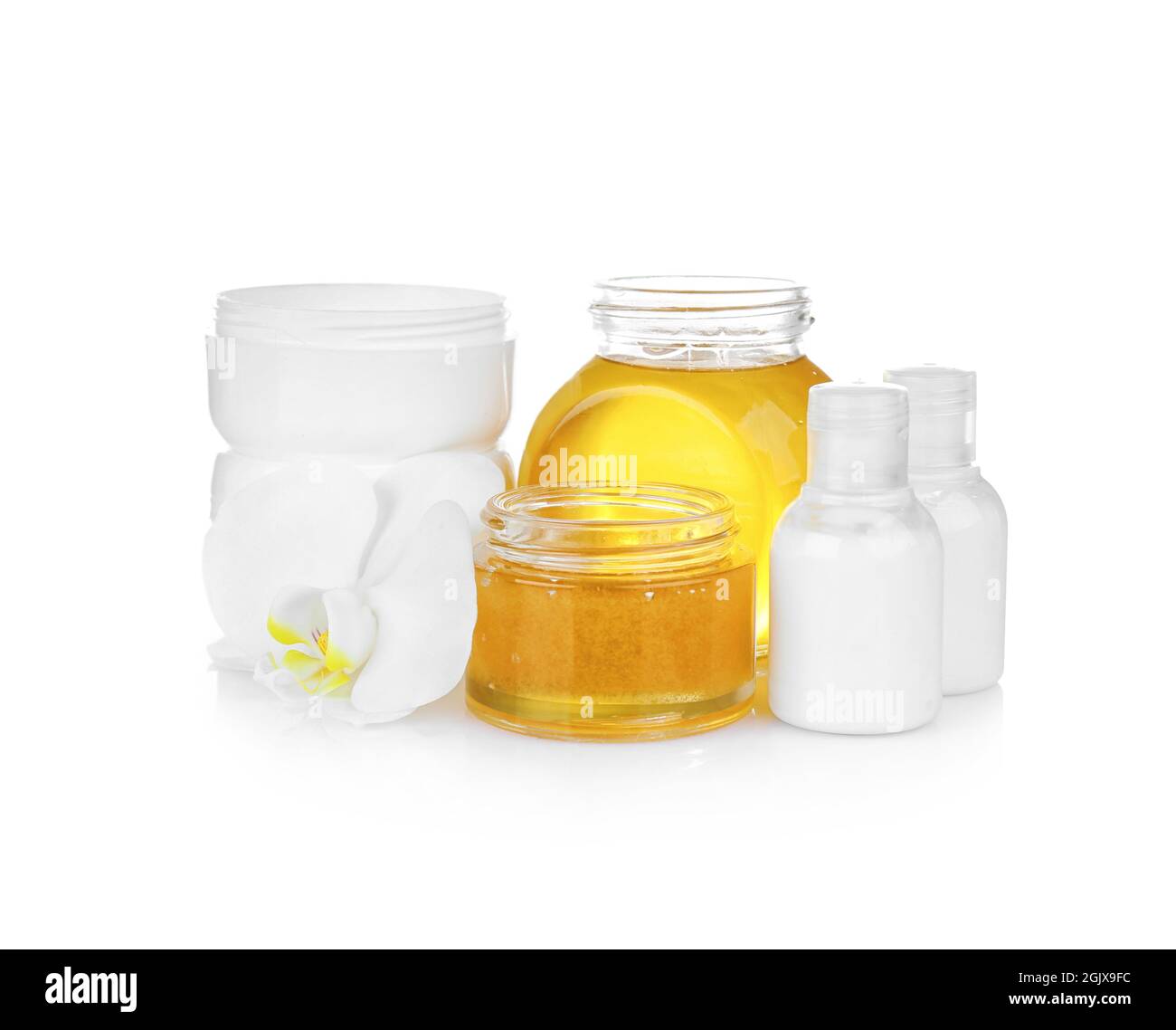 Nutrient cosmetic and delicious honey for spa on white background Stock ...