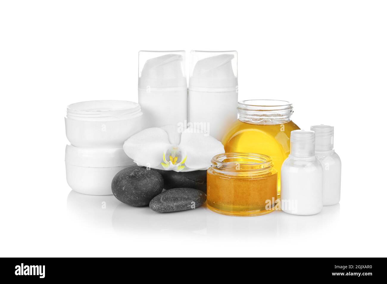 Nutrient cosmetic and delicious honey for spa on white background Stock ...