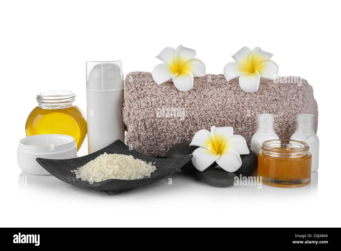 Spa setting with honey and nutrient cosmetic on white background Stock ...