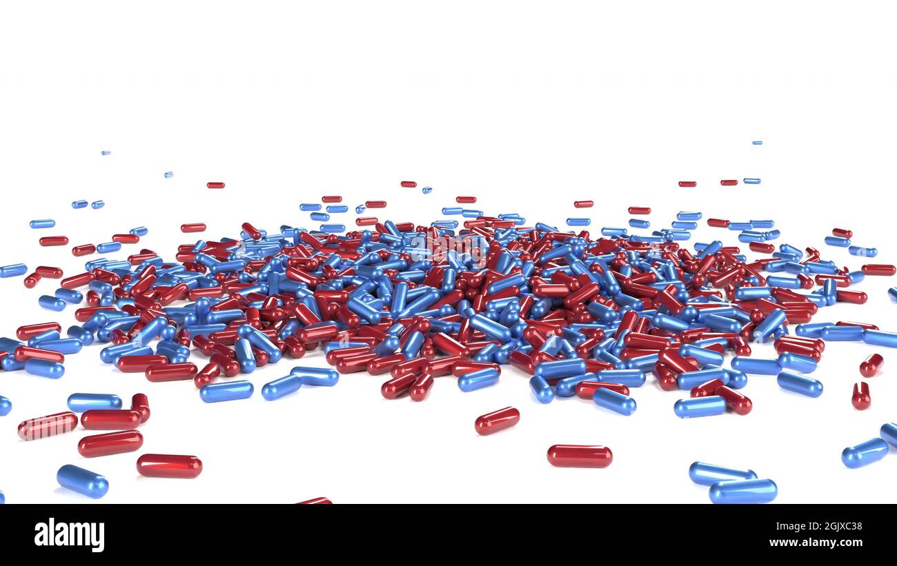 blue red pill capsule fall on white surface medical concept 3d render ...