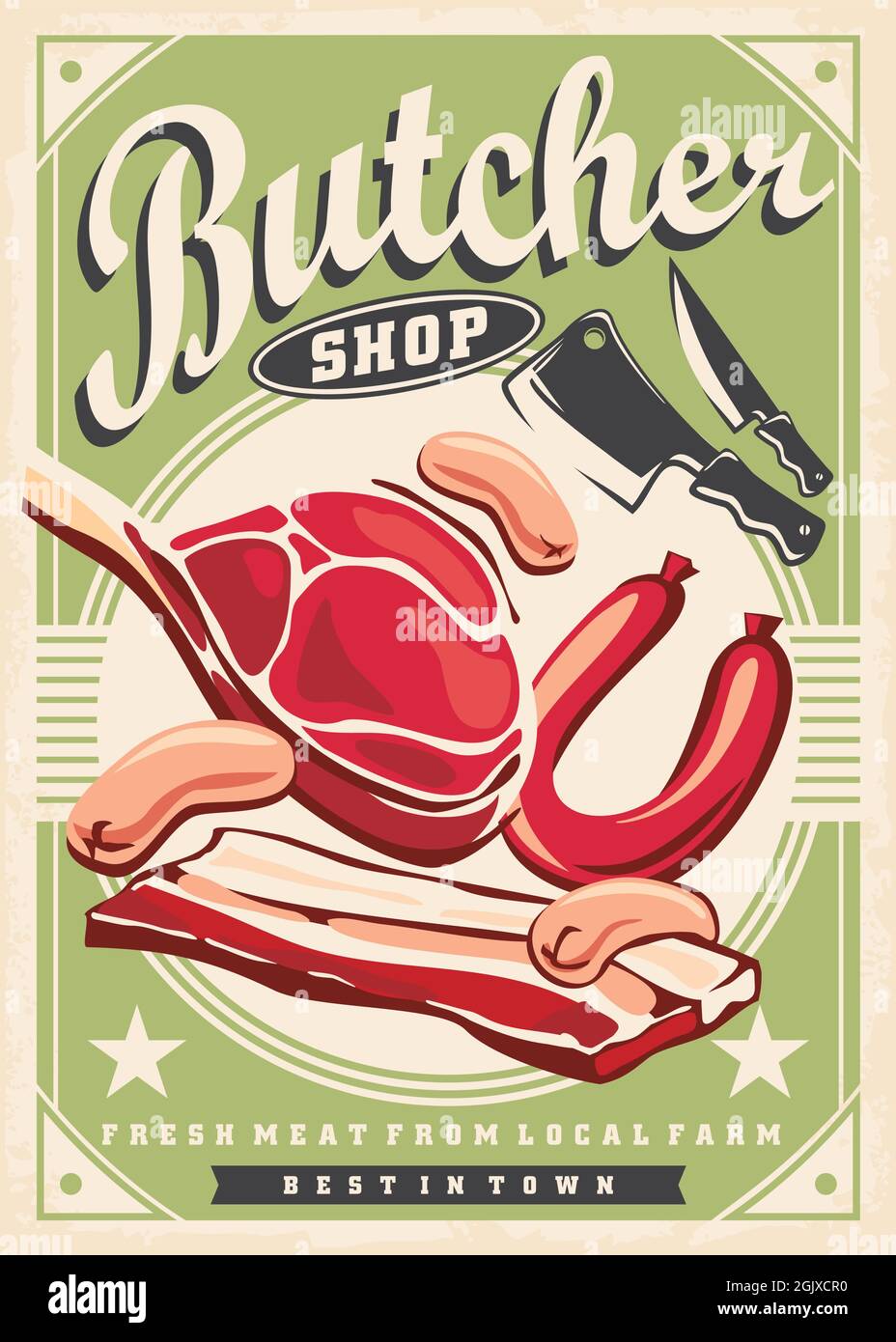 Fresh meat products retro poster for butchery shop. Pork meat, steaks ...