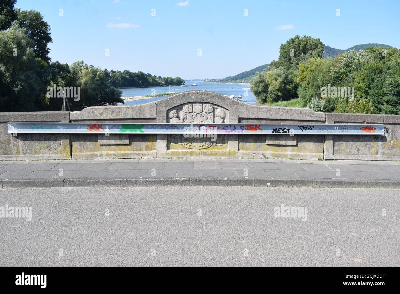 bridge to Rhine island with bad repairs and propaganda writing Stock ...