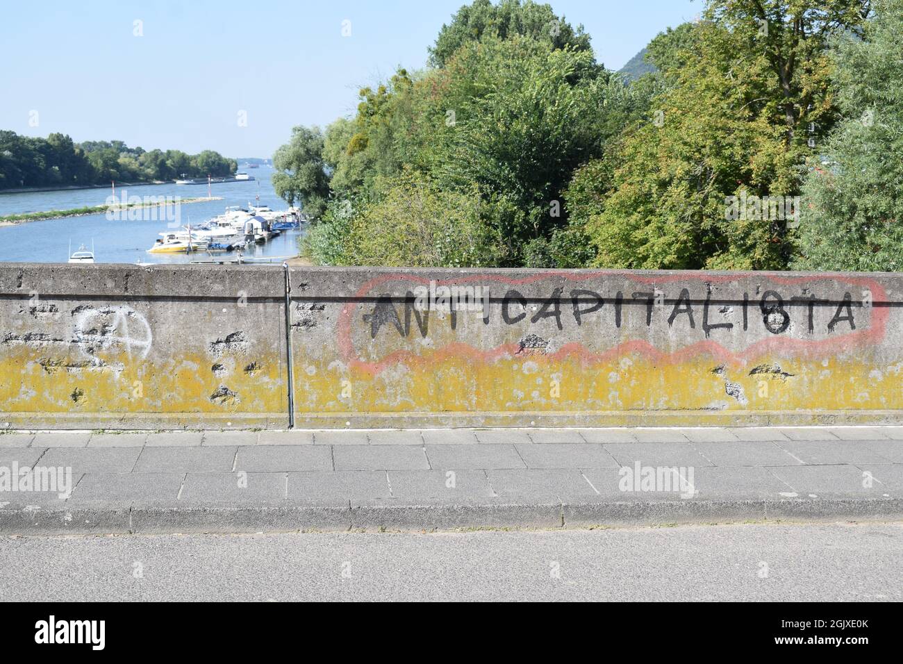 bridge to Rhine island with bad repairs and propaganda writing Stock ...