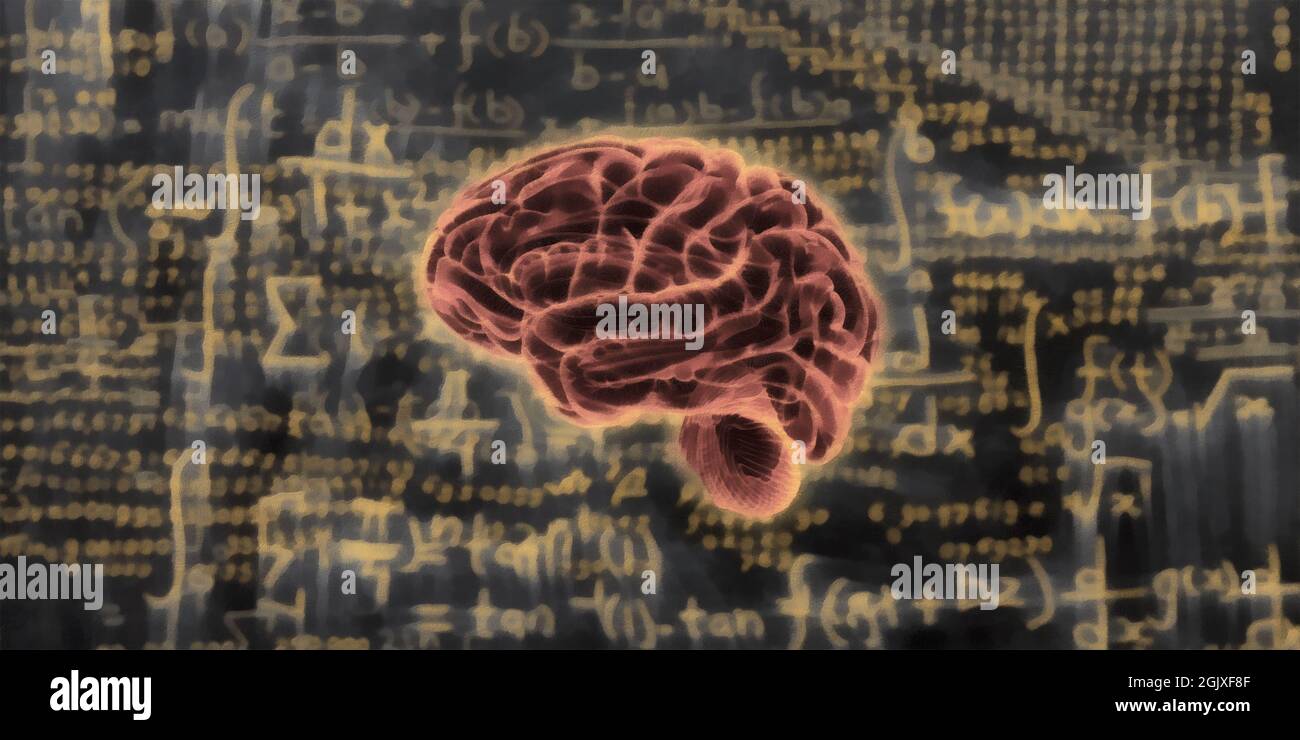 Brains on a dark background of mathematical formulas. Blackboard with ...