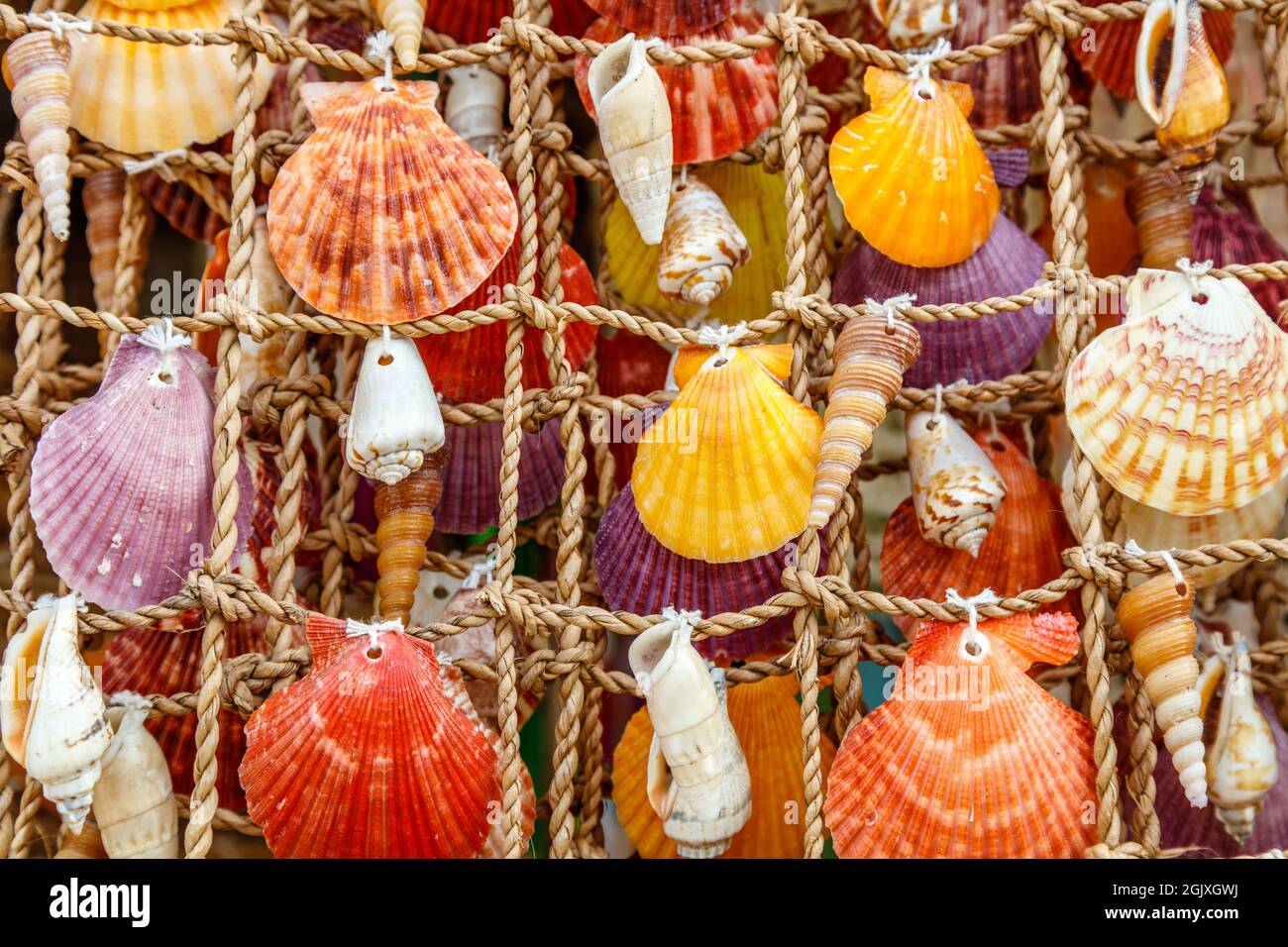 Colorful shells on a net, souvenirs on a local market on Boracay Island ...