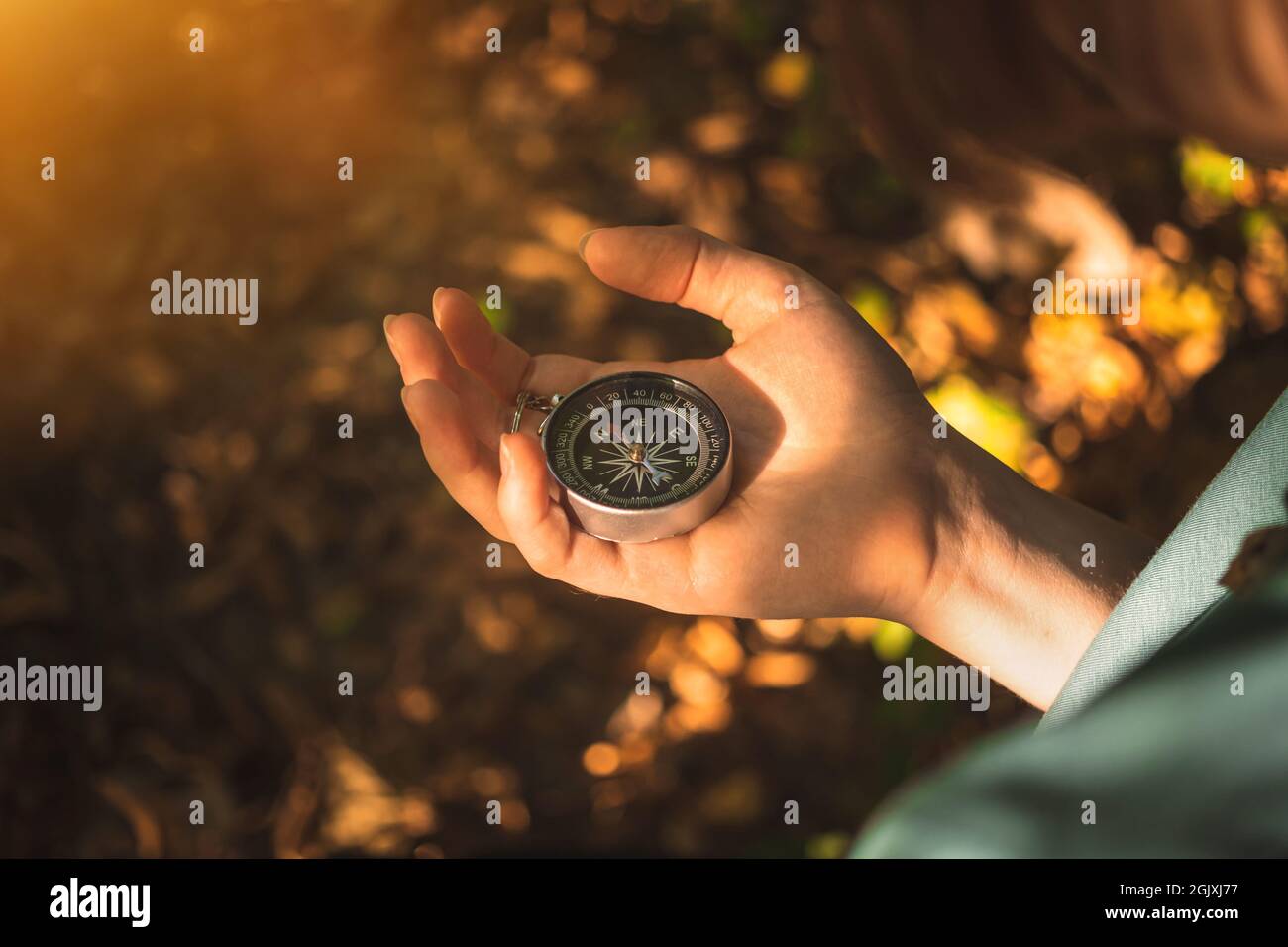 Woman holding compass in the woods, travel and navigation concept Stock ...