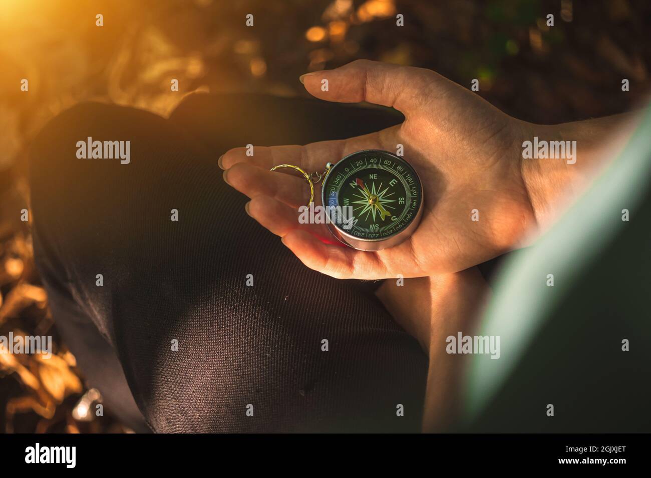 Compass in the forest, hand with old compass for navigation in the ...