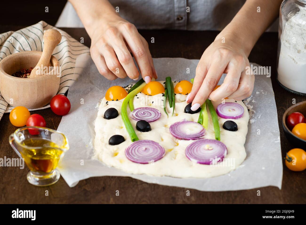 process of making Italian focaccia art bread Stock Photo - Alamy