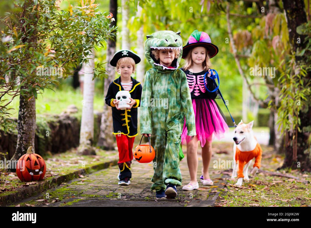 Kids trick or treat in Halloween costume. Children in colorful dress up ...