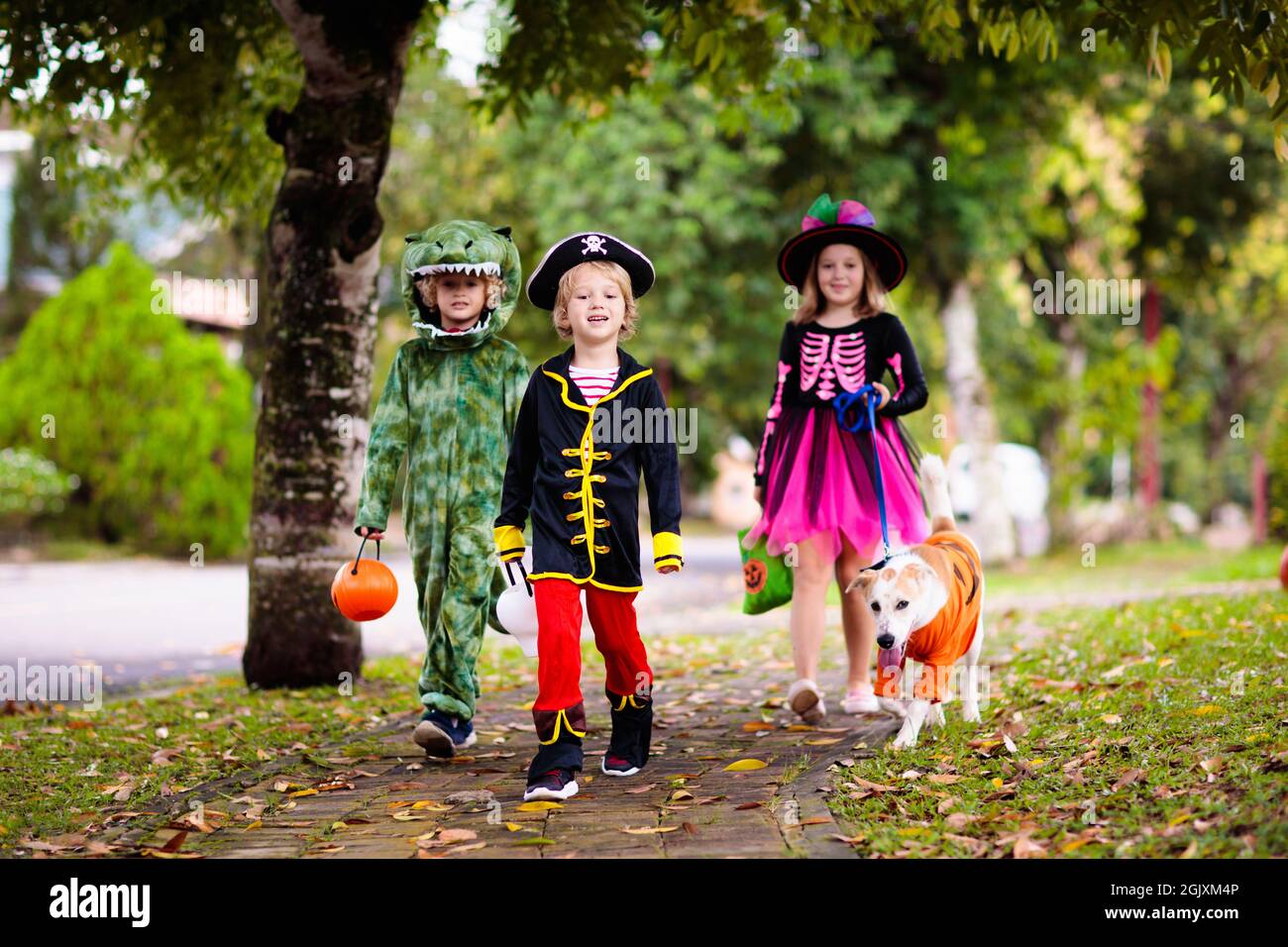 Kids trick or treat in Halloween costume. Children in colorful dress up ...