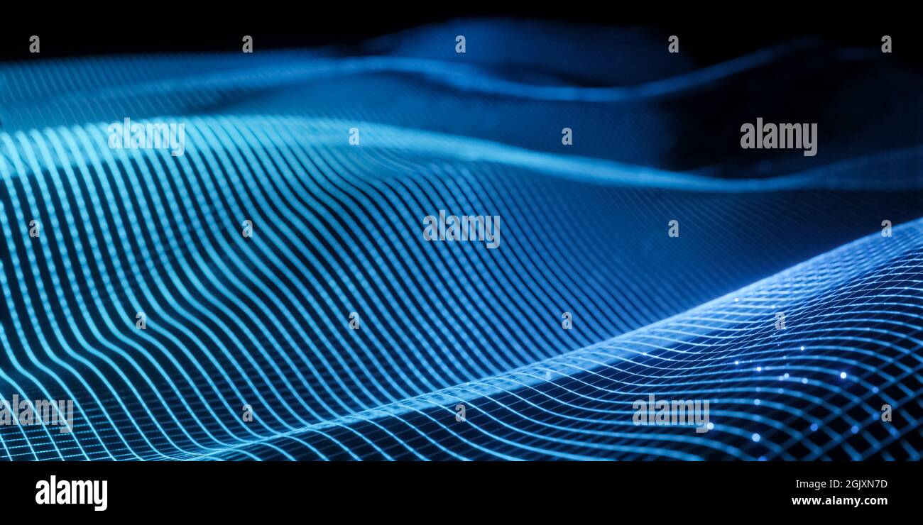 Flowing waves. Abstract background with wireframe mesh surface and ...
