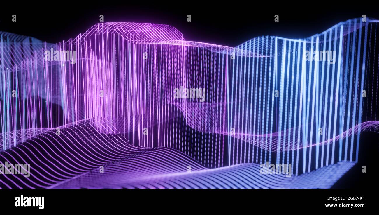 Abstract background with wireframe mesh surface and patterns in purple ...