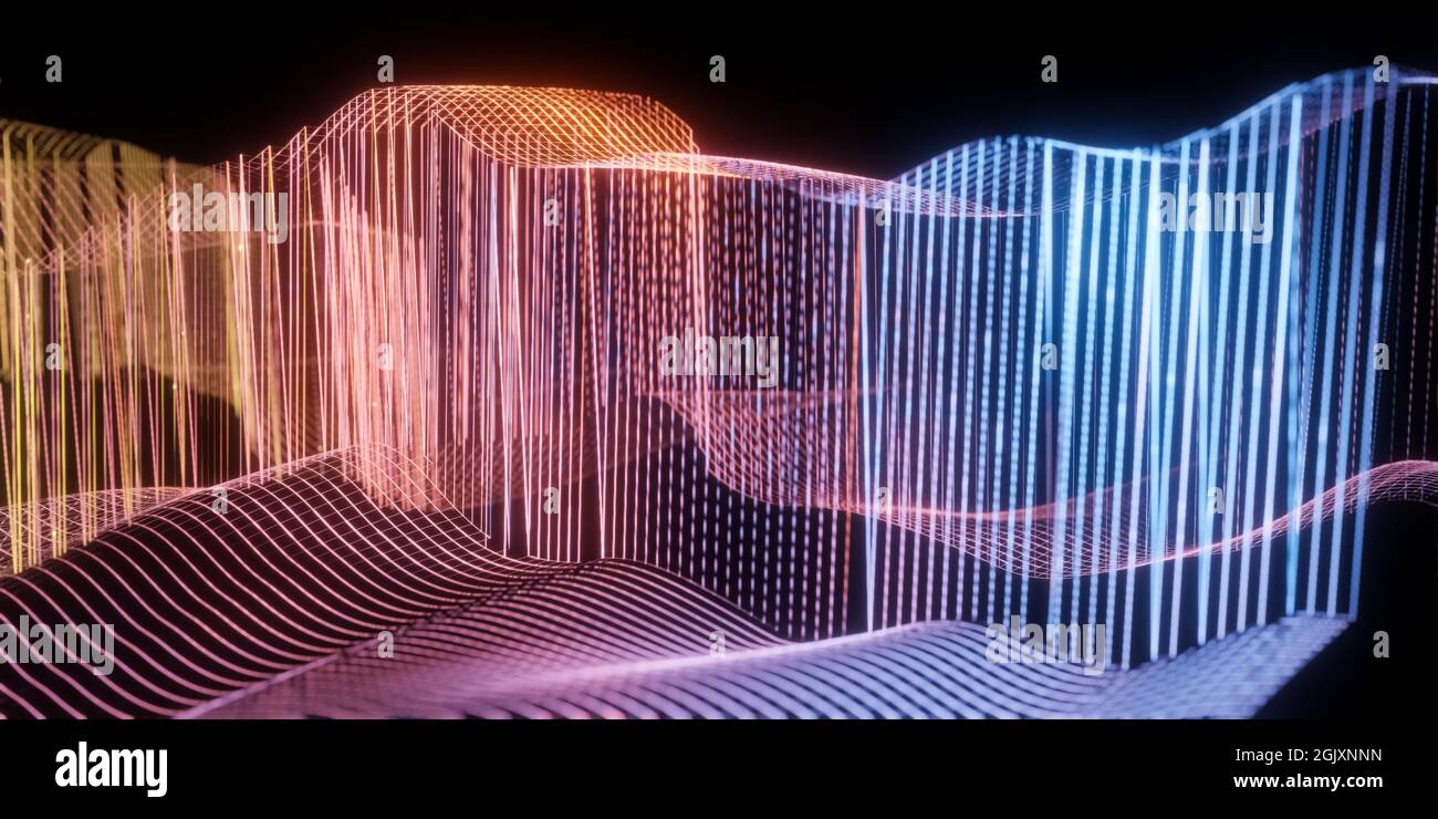 Abstract background with wireframe mesh surface and patterns in blue ...