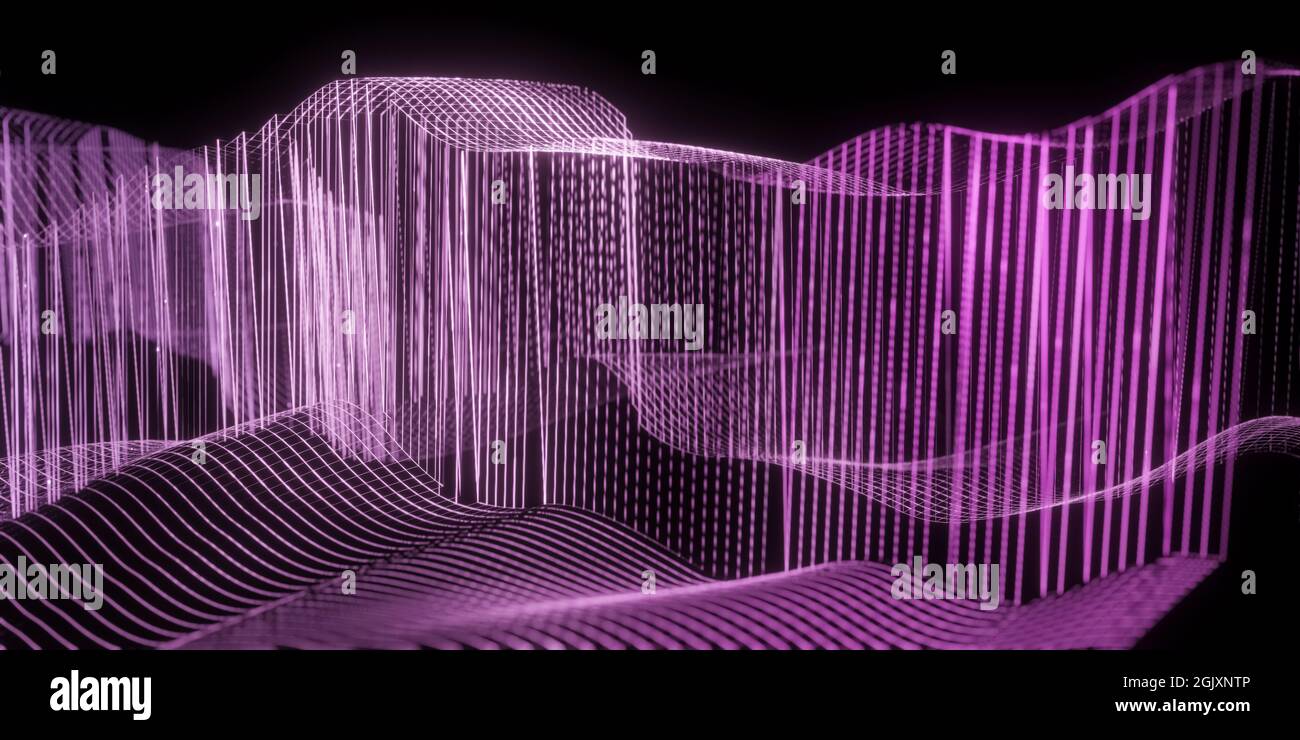 Abstract background with wireframe mesh surface and patterns in purple ...