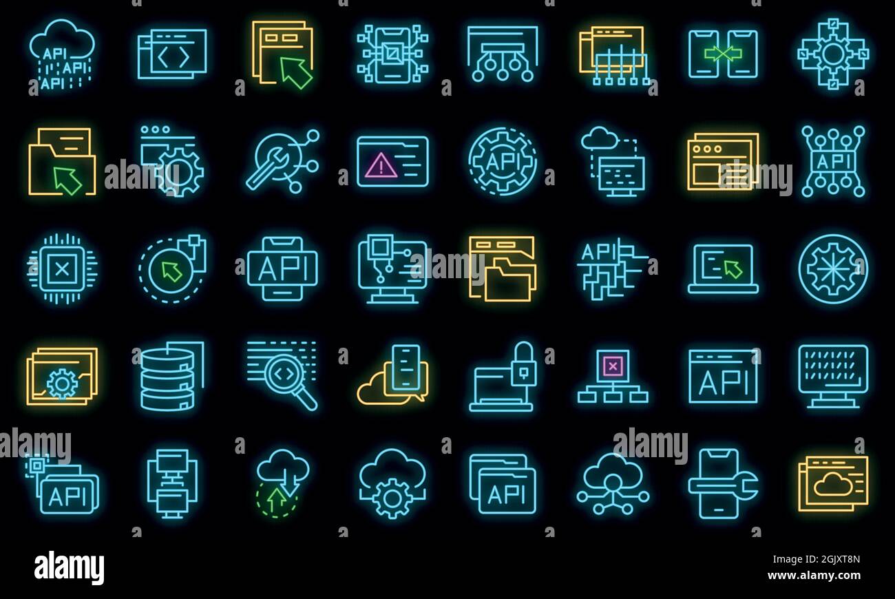 API icons set. Outline set of API vector icons neon color on black ...