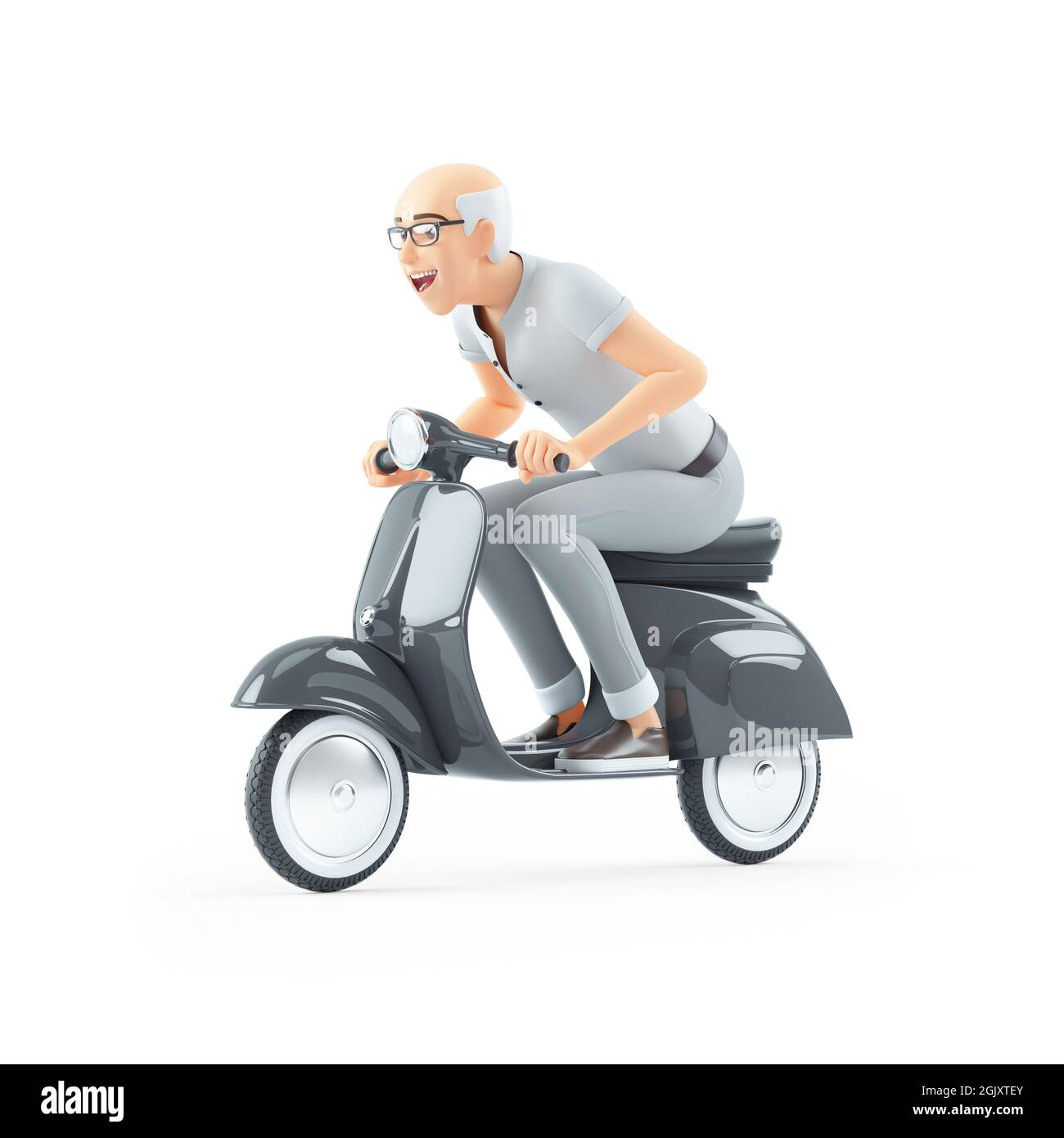 3d senior man riding a scooter, illustration isolated on white ...