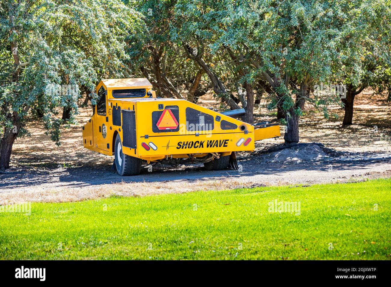 An Almond harvesting machine that shakes the almonds off of the tree ...