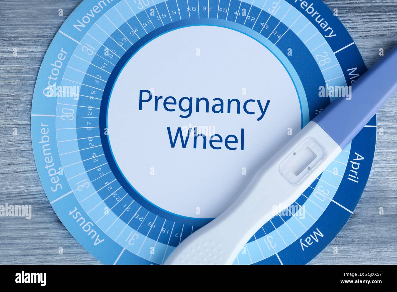 Pregnancy wheel calendar and test, closeup Stock Photo - Alamy