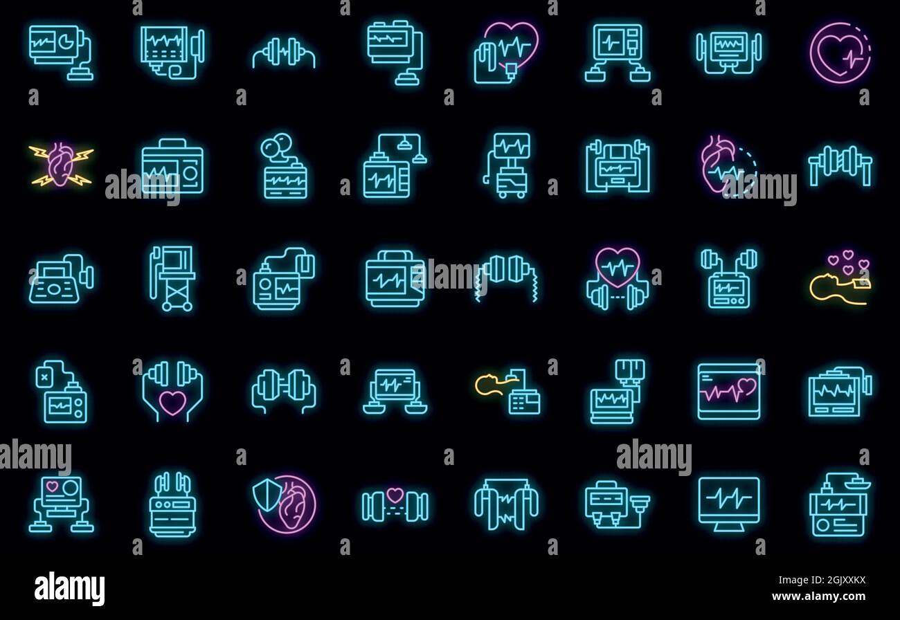 Defibrillator icons set. Outline set of defibrillator vector icons neon color on black Stock ...